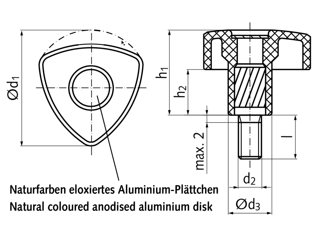Triangular knob screw made from thermoplast d1 = 50mm external thread ...