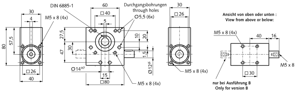 Worm gear unit KES 30 version A center distance 30mm ratio 20:1 output ...