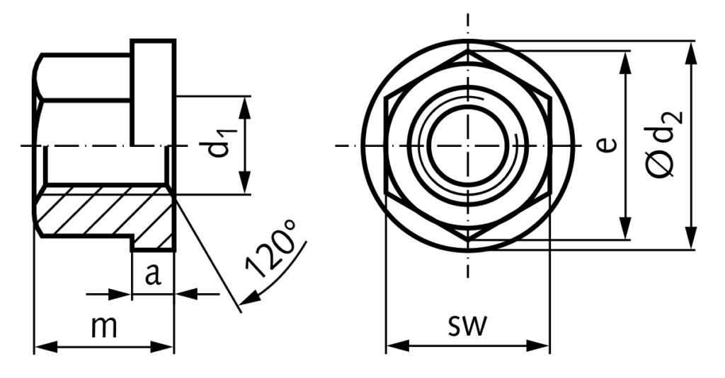 Hexagon nut DIN 6331 with collar steel strength 10 thread M10 right hand PN: 65331000 – Maedler ...