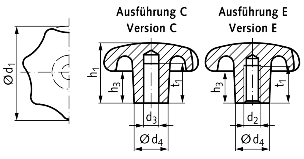 Star knob DIN 6336 made from cast iron type E diameter 63mm PN ...